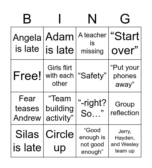 Adventure 101 Bingo Card