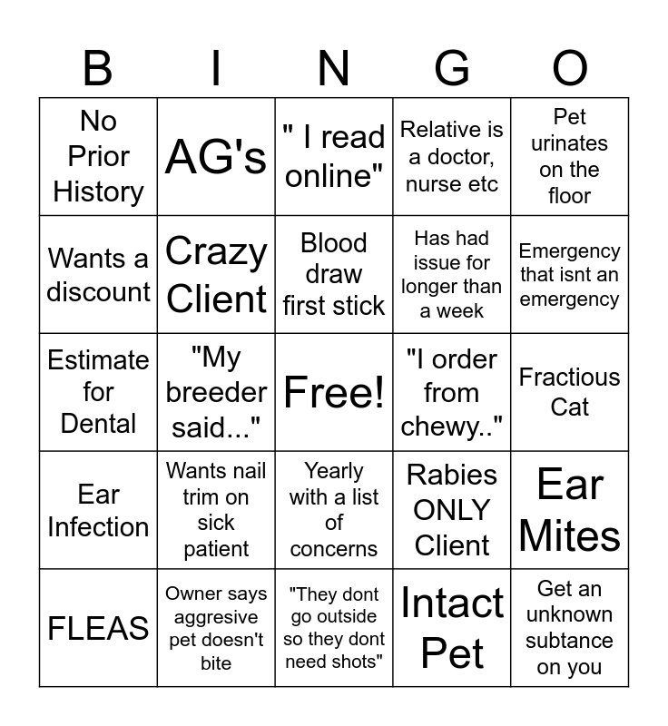 Vet Tech BINGO Card