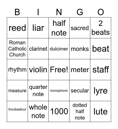 Music History/Theory/Instruments Bingo Card
