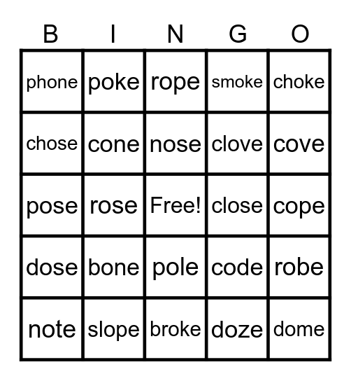 Lesson 56: o_e /ō/ Bingo Card