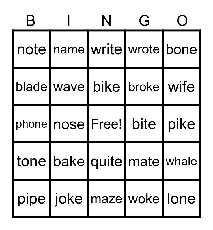 Lesson 57: VCe Review 1 e_e /ē/ Bingo Card