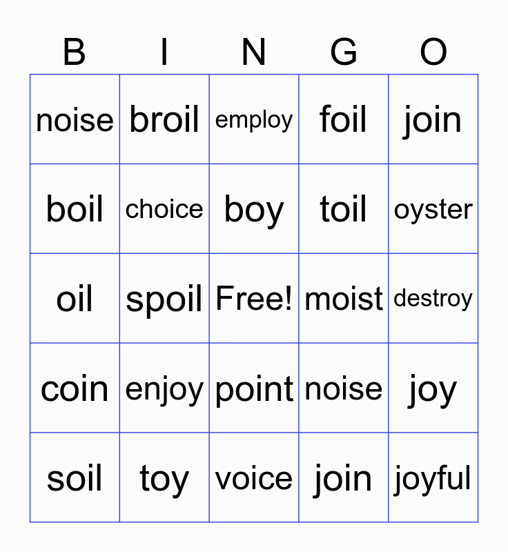-oi/-oy Bingo Card