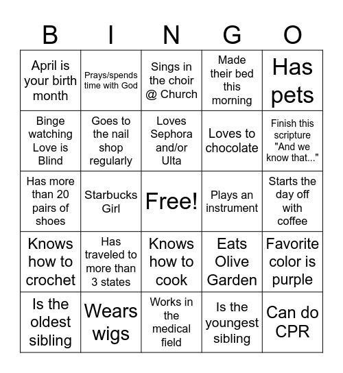 All About Me Bingo Card