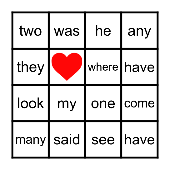 Heart Words Bingo Card