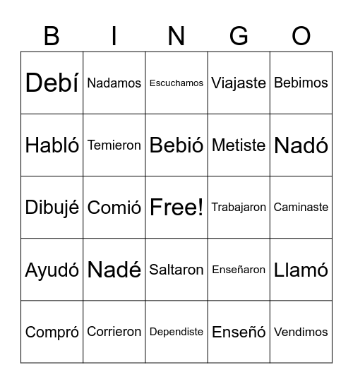 Preterite Tense of Regular Verbs Bingo Card