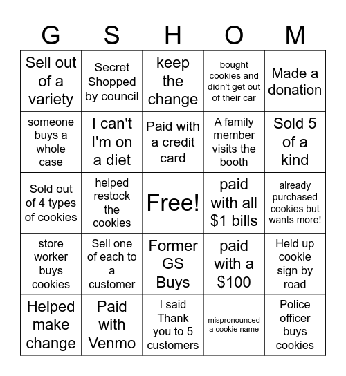 Cookie Booth Bingo Card