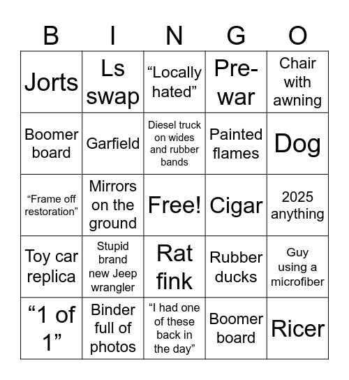 Car Show Bingo Card