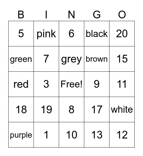 numbers & colours (Angka dan warna) Bingo Card