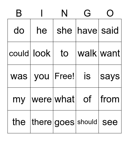 Heart Word Bingo Card