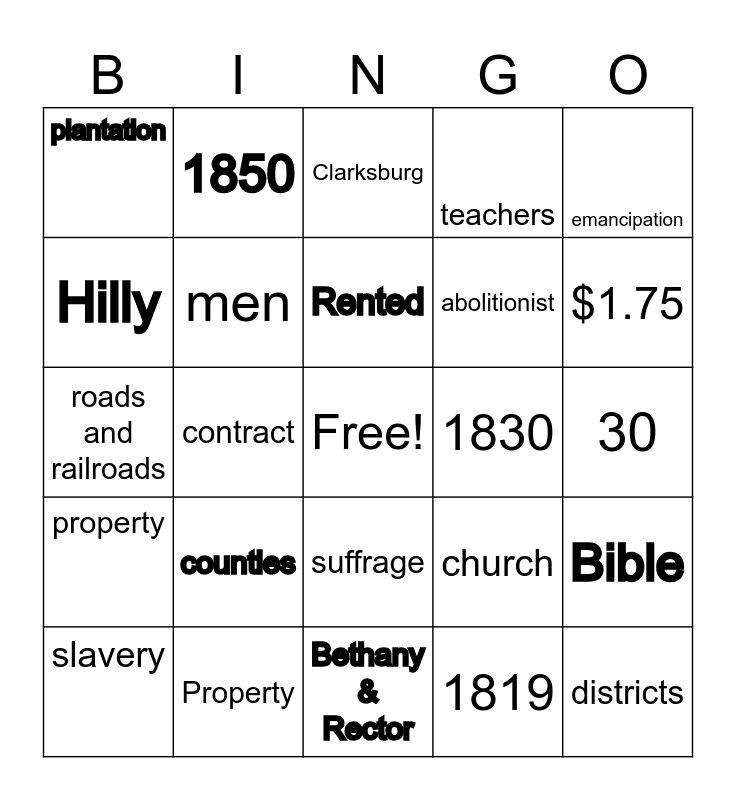 WV History chapter 10c sections 1&2 Bingo Card
