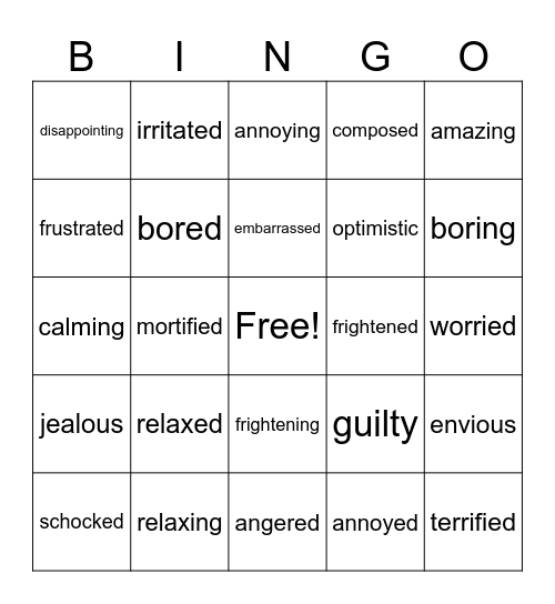Adjectives Bingo Card