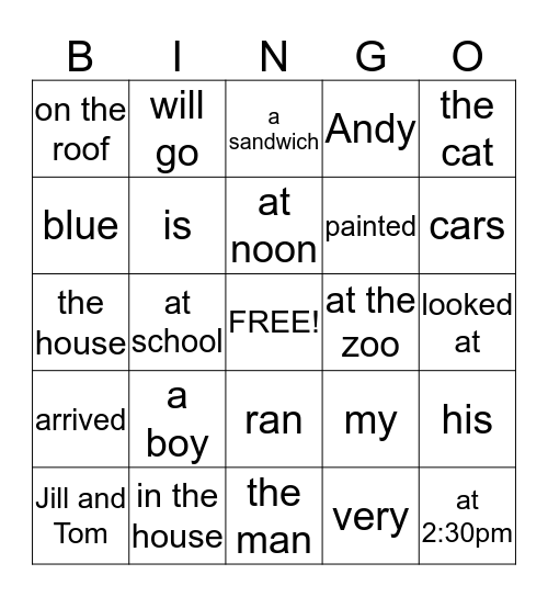 English Grammar Bingo Card