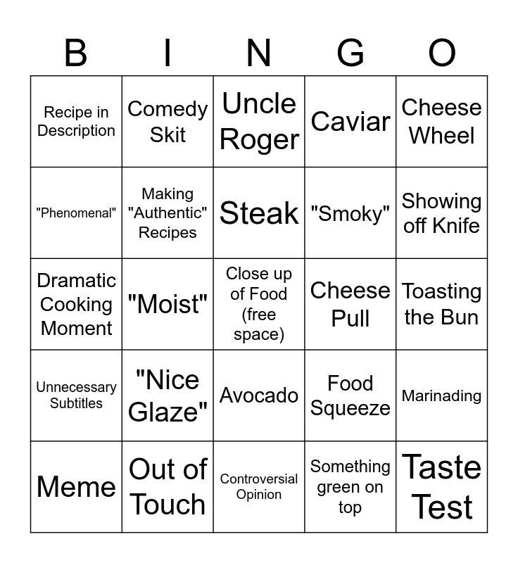 Youtube Chef Bingo Card