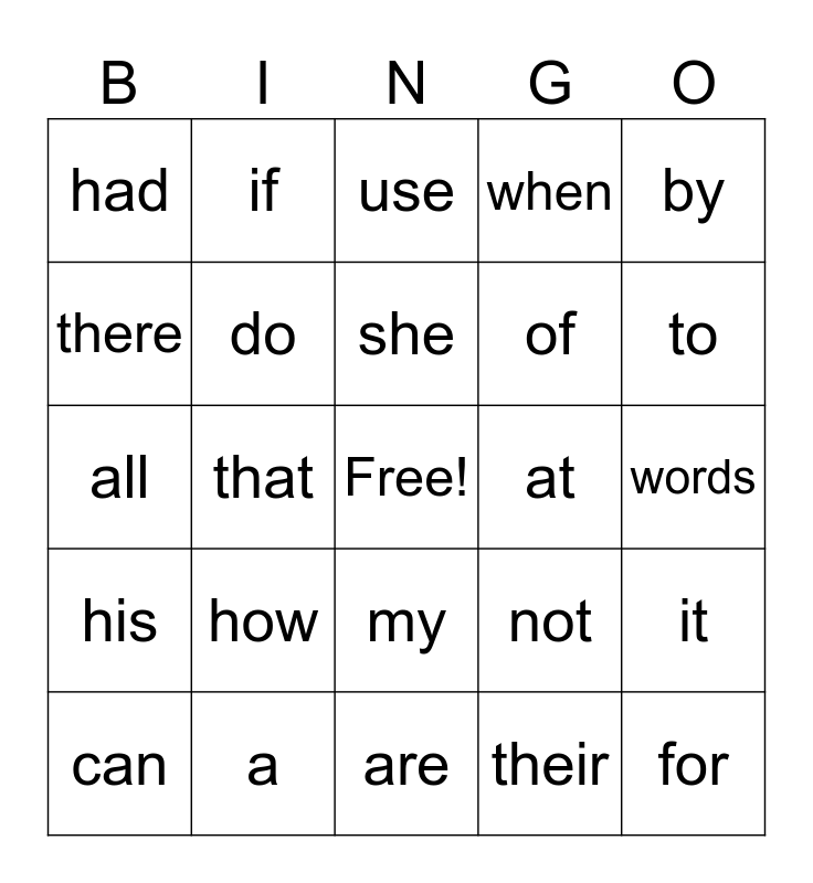 FRY'S FIRST 50 WORDS Bingo Card