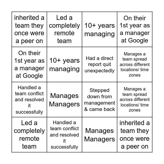 Manager Bingo Card