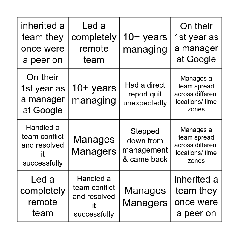 Manager Bingo Card