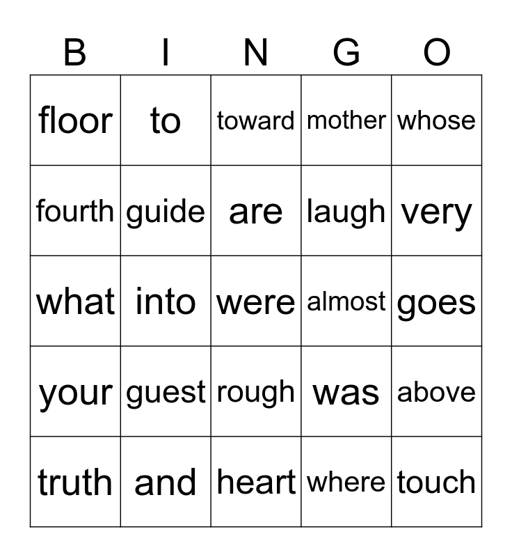 UFLI Heart Words Bingo Card