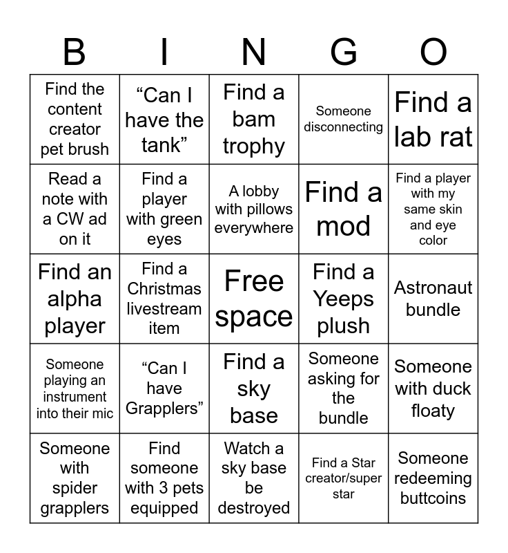 Yeeps Bingo Card