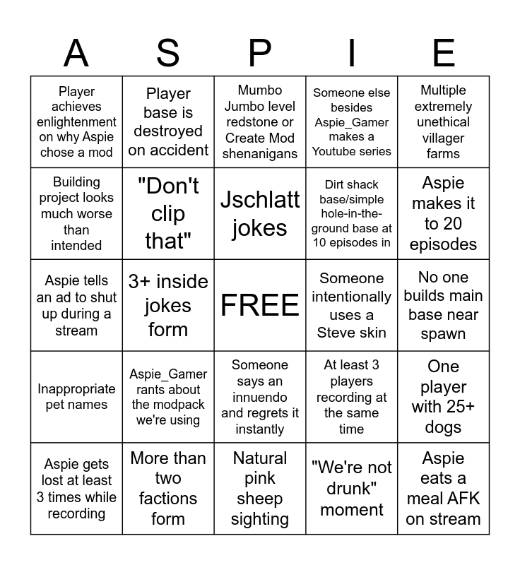 Aspie_Gamer's Modded SMP Series Bingo! Bingo Card