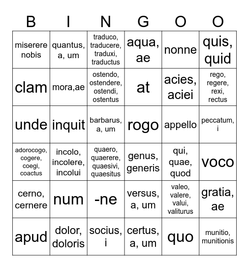 Week 27 CC Henle Latin Bingo Card