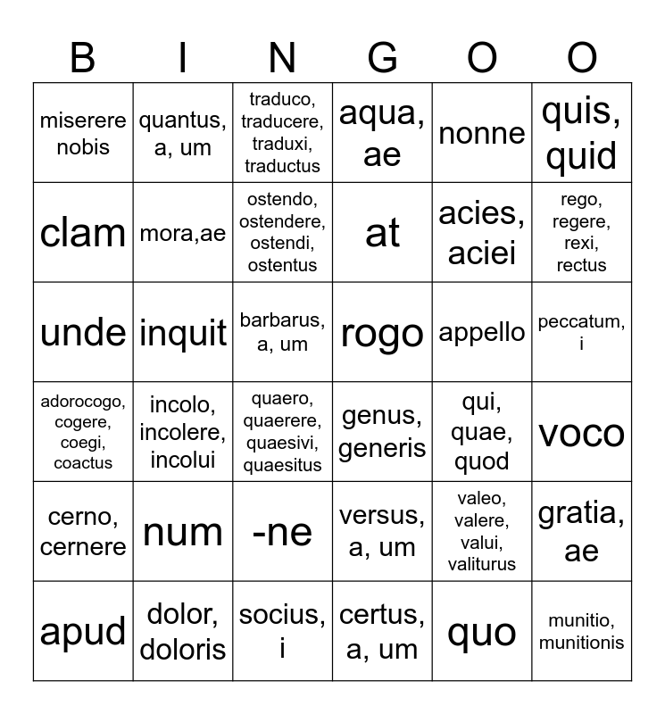 Week 27 CC Henle Latin Bingo Card
