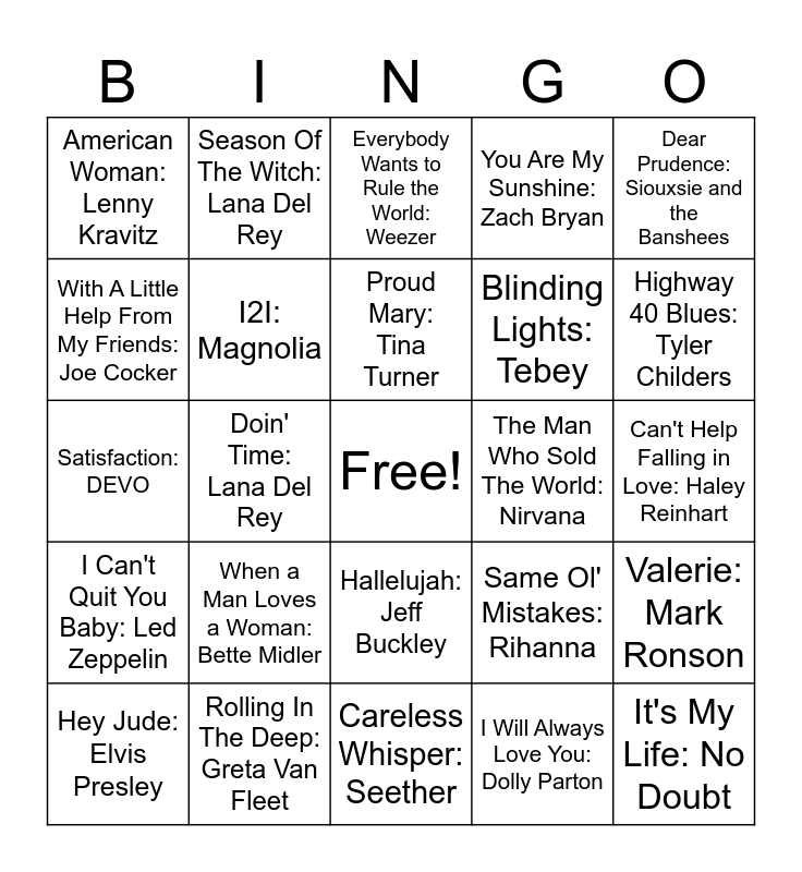 Covers Bingo Card