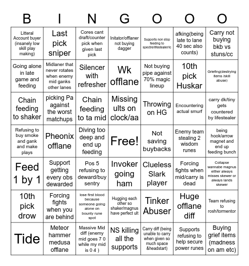 Ancient/Divine jpn/sea server dota 2 experience Bingo Card