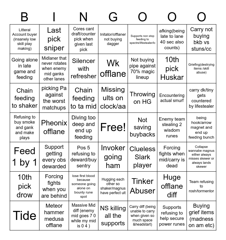 Ancient/Divine jpn/sea server dota 2 experience Bingo Card