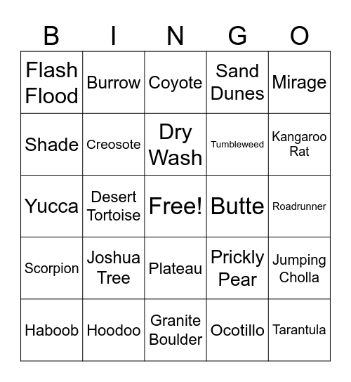 Desert Bingo Card