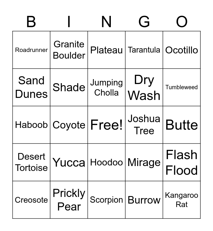 Desert Bingo Card