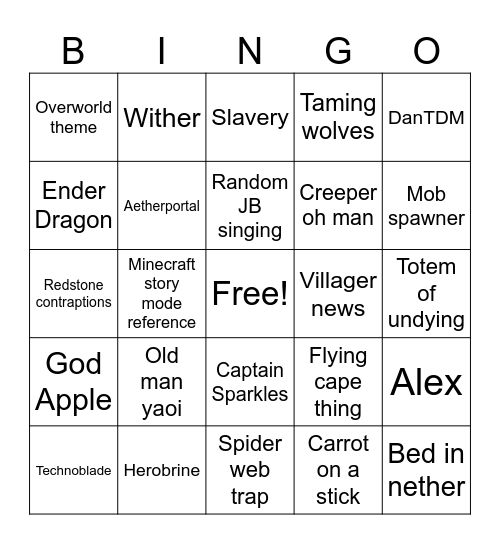 Minecraft Movie Bingo Card