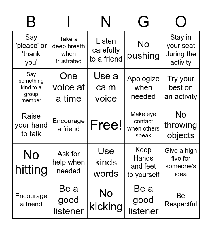 Behavior Bingo Card
