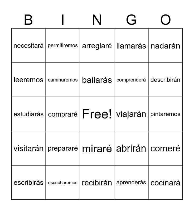 future tense Bingo Card