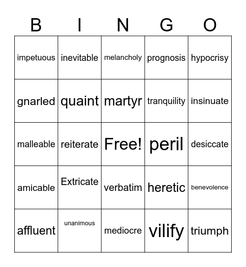 7th Grade Vocab Bingo Card