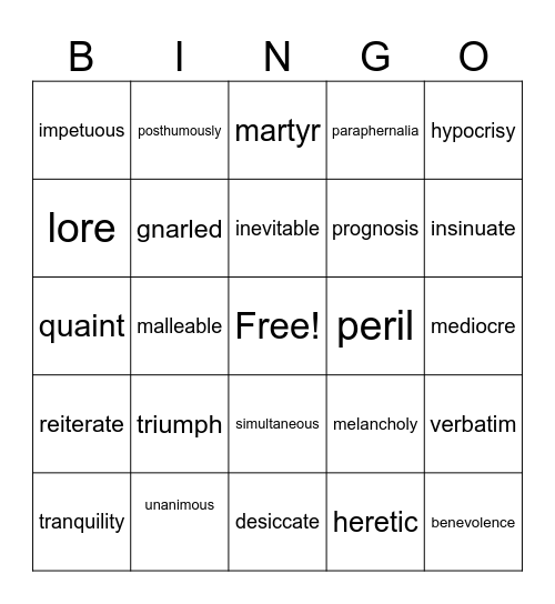 7th Grade Vocab Bingo Card