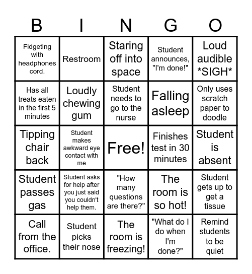 State Testing Disruptions Bingo Card