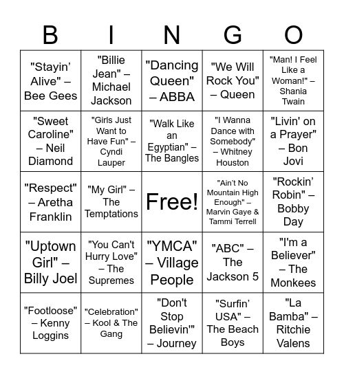 Classic Songs Bingo Card