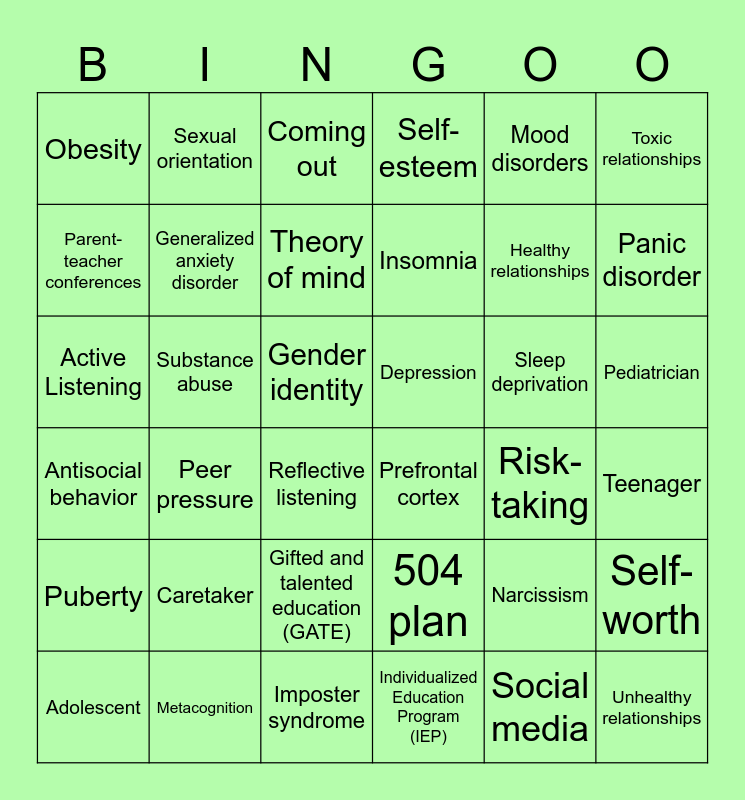 RWP Unit 6 Bingo: Adolescent and Teen Development Bingo Card