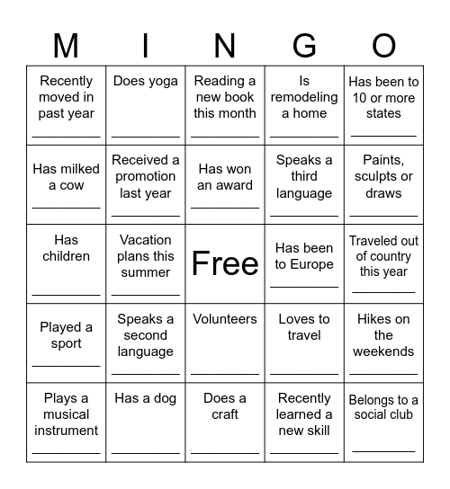 Mingle Bingo Card