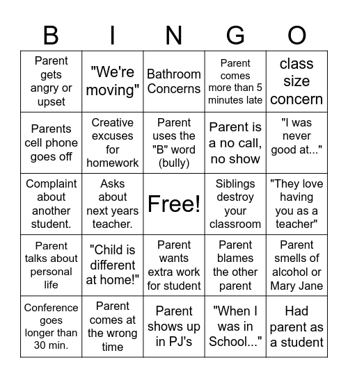 Parent Conference Bingo Card