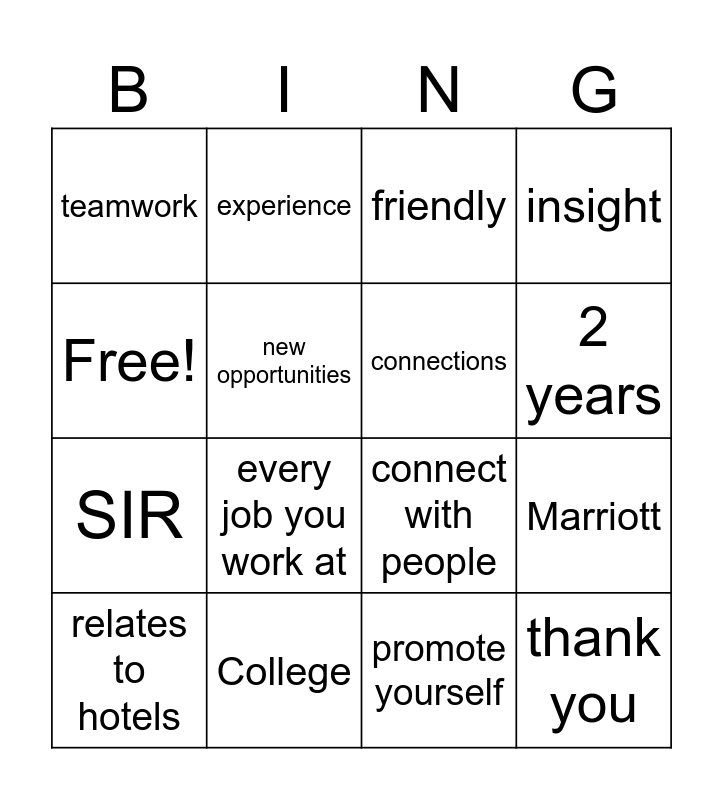 Hotel Bingo Card