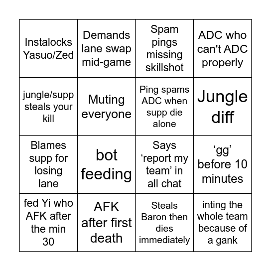 League of Legends Bingo Card