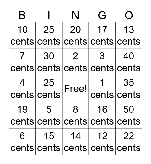 Coin Bingo Card