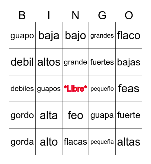 Spanish Adjectives Bingo Card