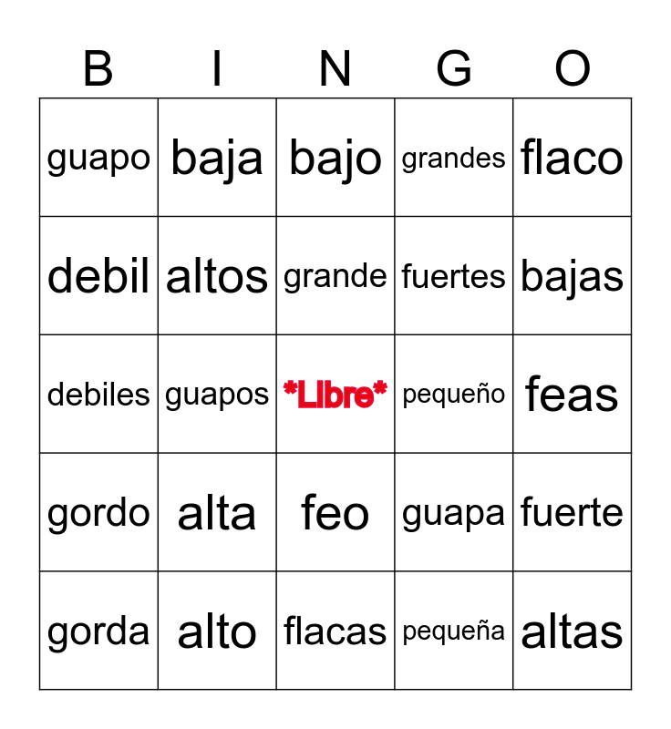 Spanish Adjectives Bingo Card