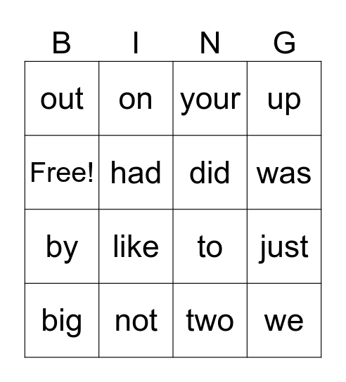 Kindergarten Sight Words Bingo Card