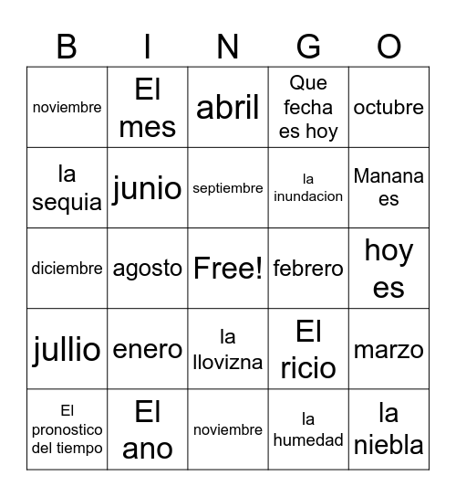 Spanish Vocab Bingo Card