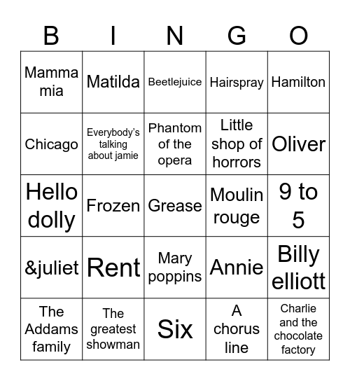 MUSICALS Bingo Card