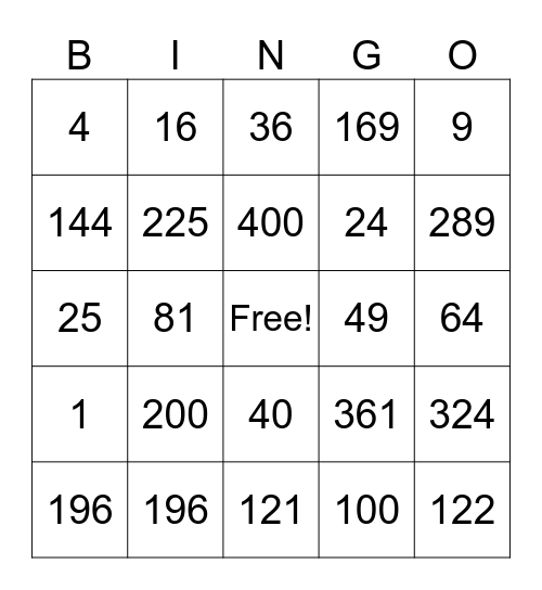 Square Roots Bingo Card