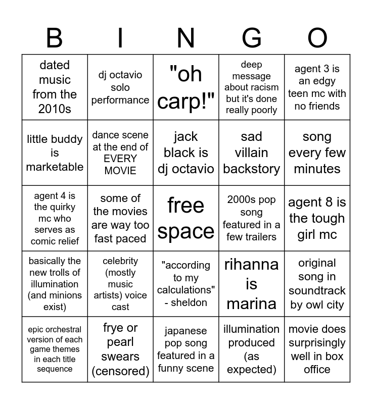 splatoon movie bingo Card